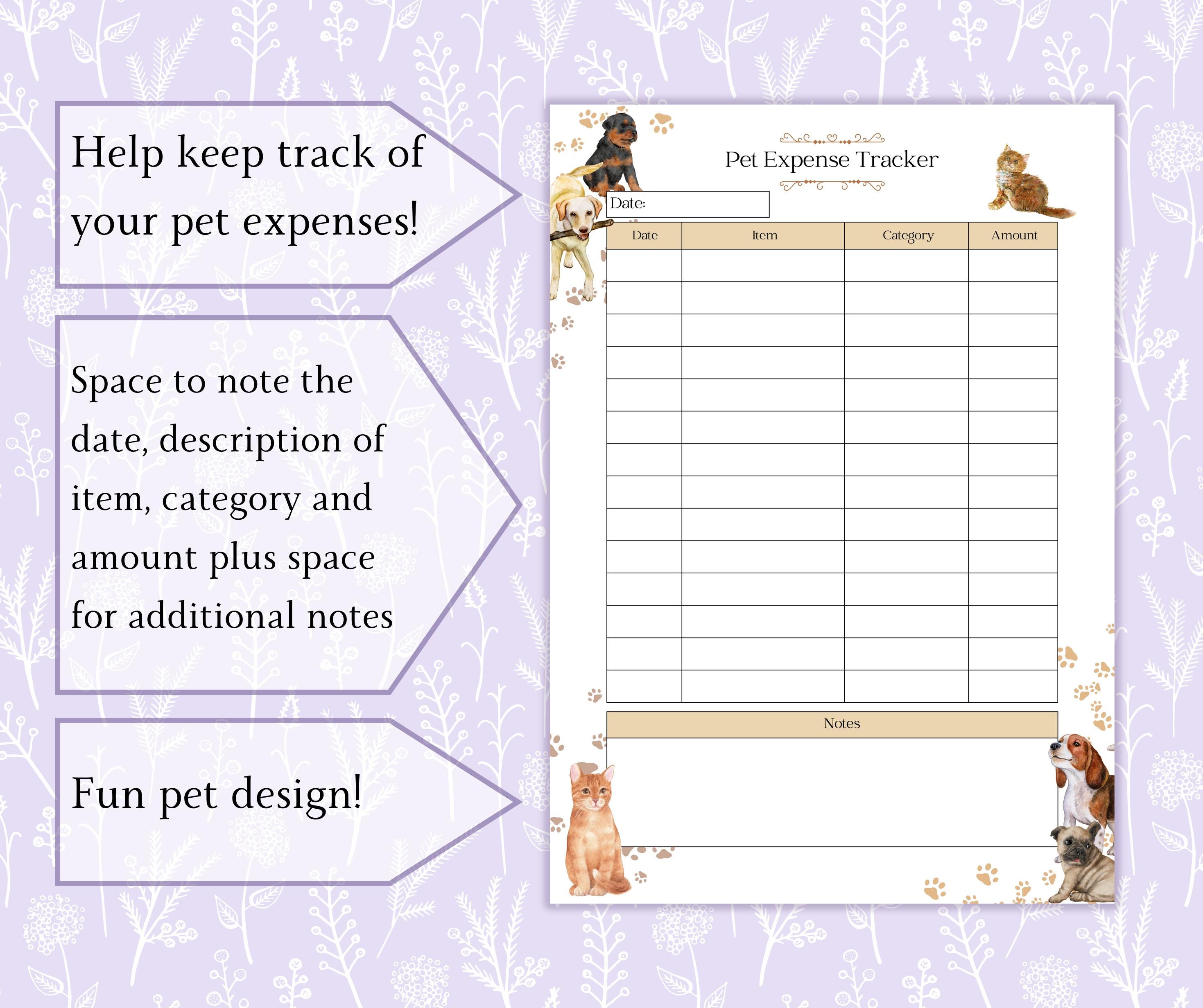 Pet Expense Tracker Printable PDF | Pet Care Log | Pet Budget Chart ...