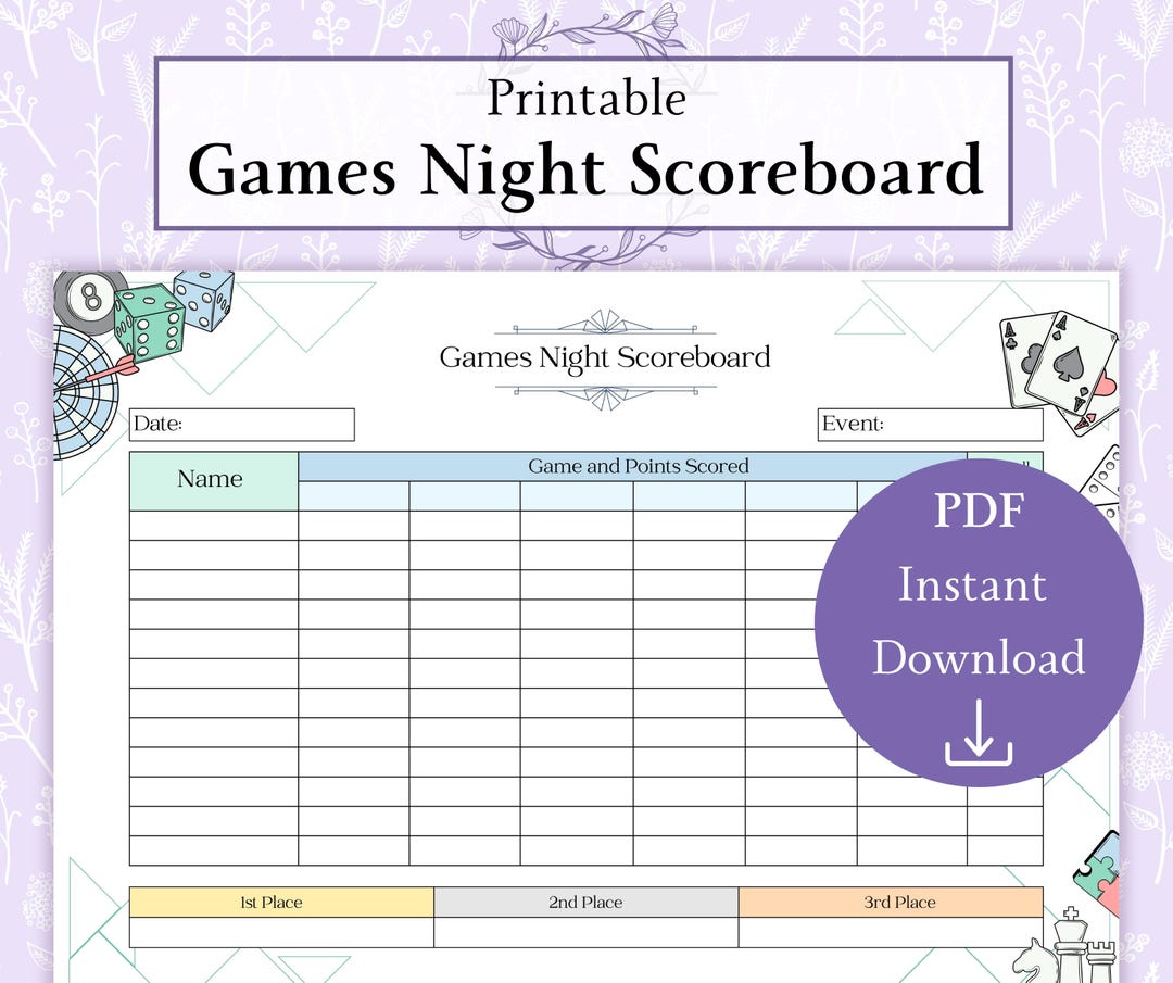 Games Night Scoreboard Printable PDF | Board Games Score Card | Games ...