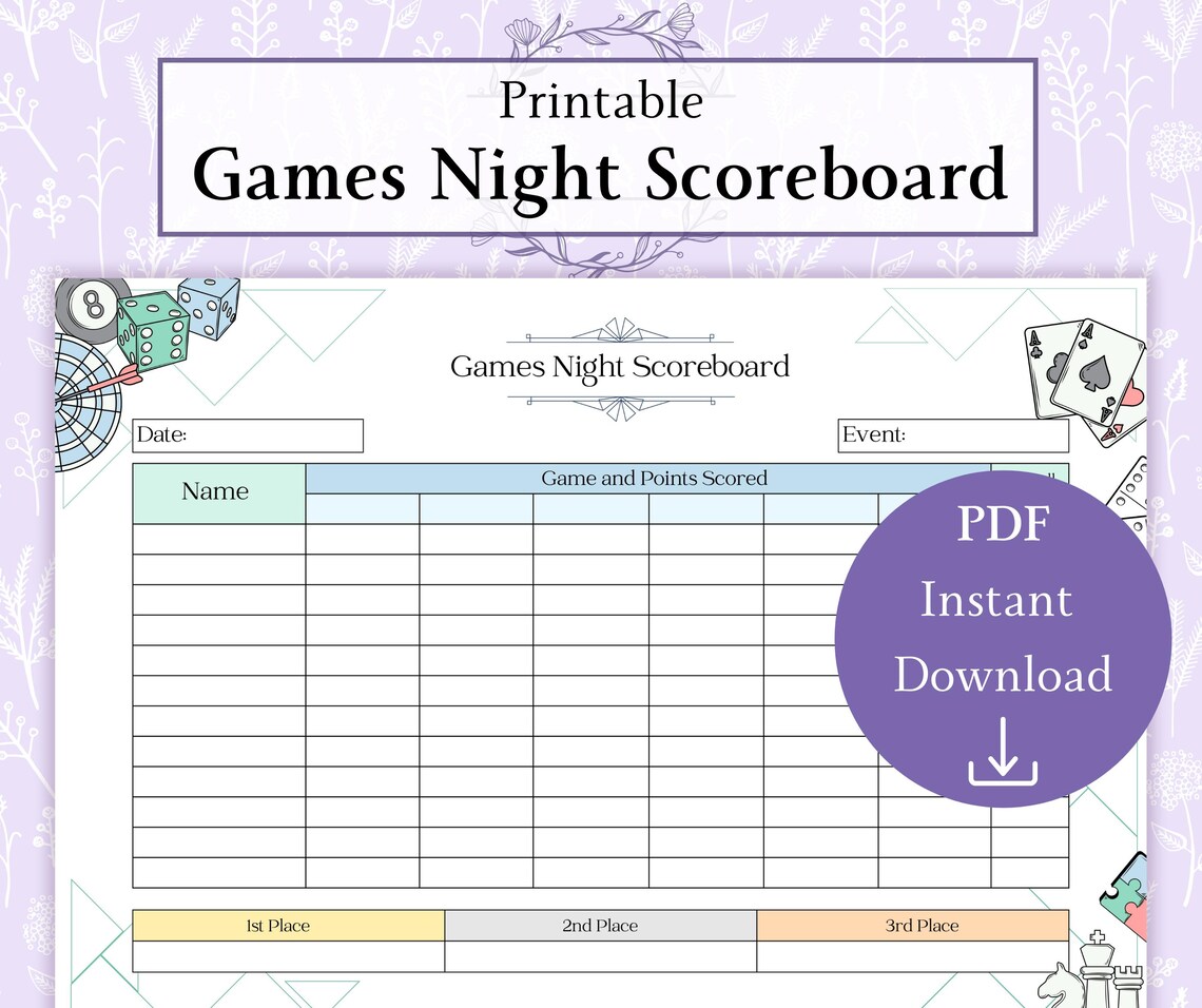 Games Night Scoreboard Printable PDF | Board Games Score Card | Games ...