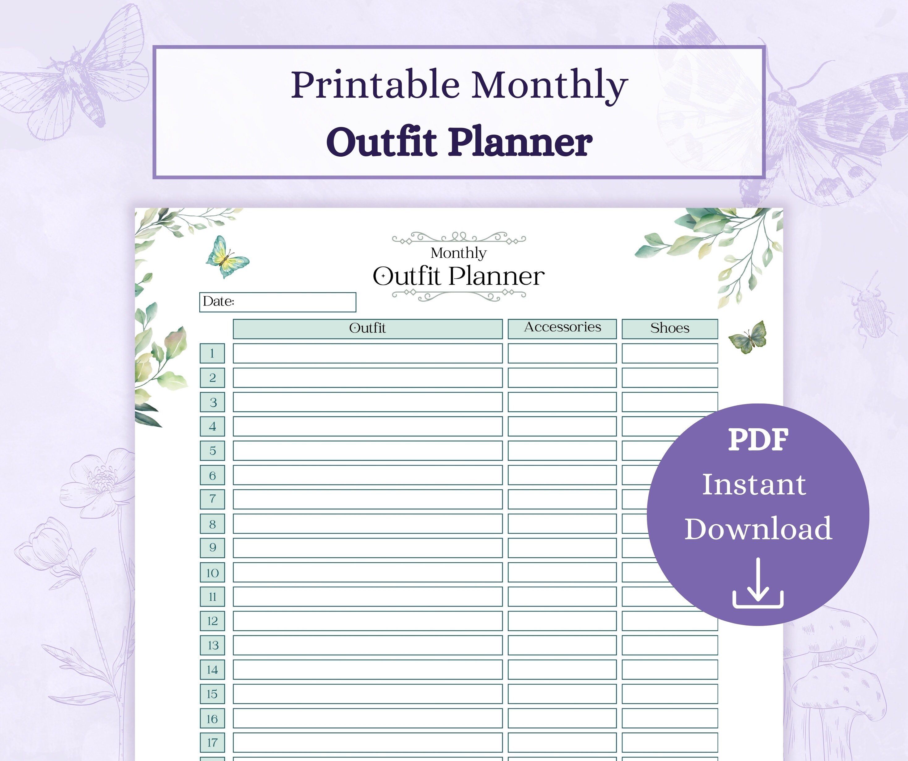 Monthly Outfit Planner Printable PDF | Fashion Log | Clothes Planner ...