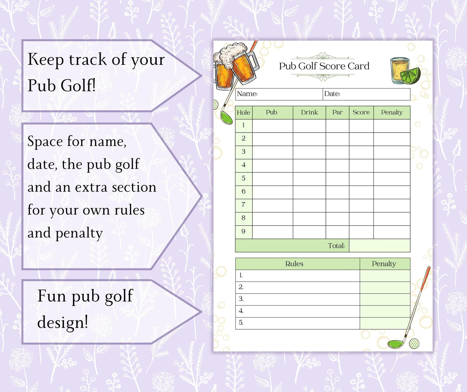 Pub Golf Score Card Printable PDF | Bar Golf Score Card | Pub Crawl ...