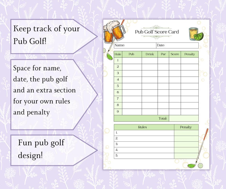Pub Golf Score Card Printable PDF Bar Golf Score Card Pub Crawl Rules ...
