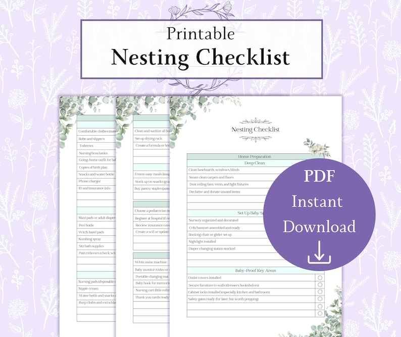 Nesting Checklist Printable PDF | Third Trimester Checklist | Baby Prep Checklist | Home Nesting ...