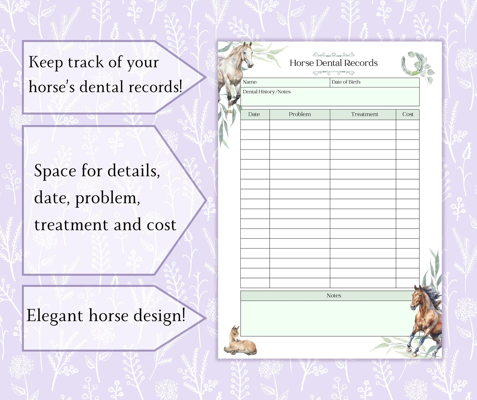 Horse Dental Records Printable PDF | Horse Vet Records | Equine ...
