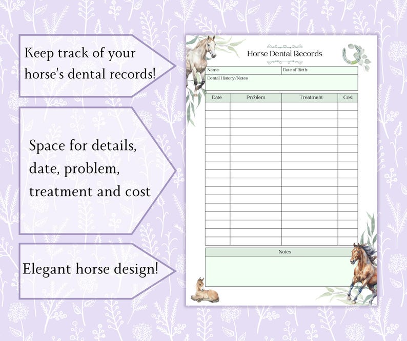 Horse Dental Records Printable PDF | Horse Vet Records | Equine ...