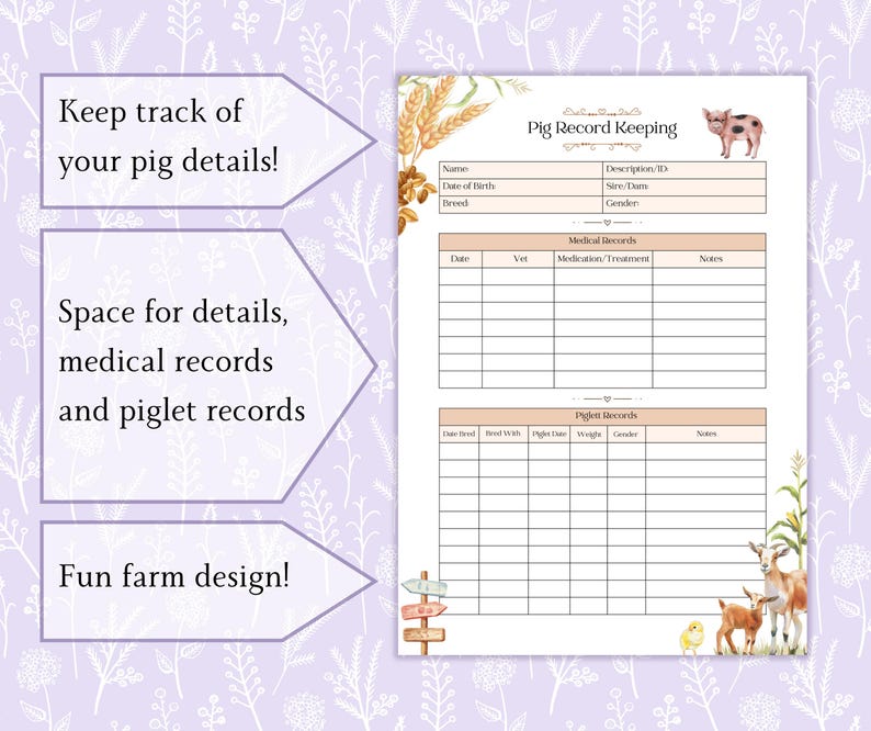 Piglet and Pig Records Bundle Printable PDF | Pig Record Keeping | Pig ...