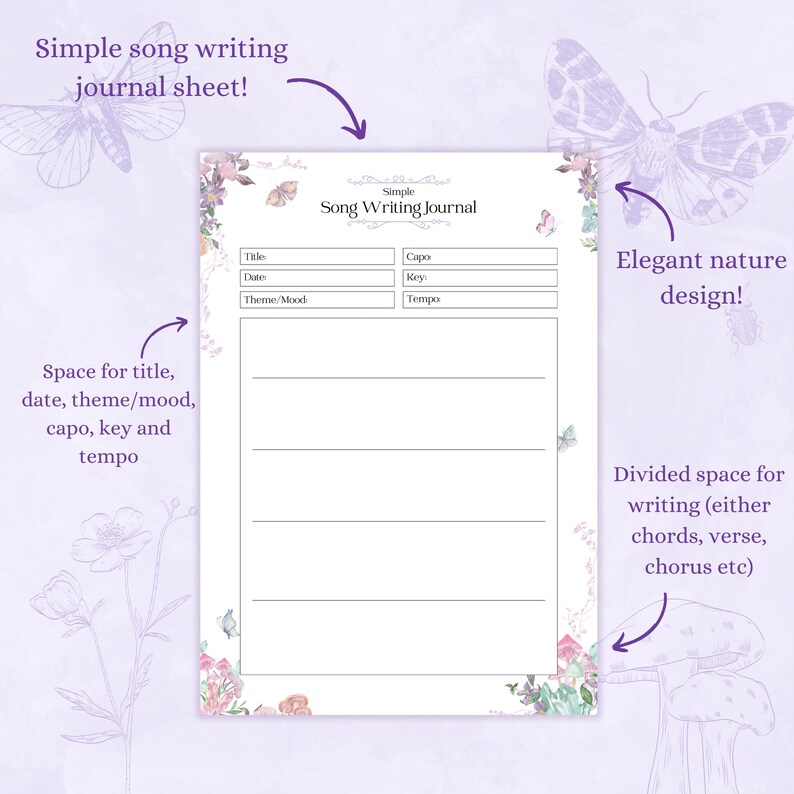 Simple Songwriting Journal Printable PDF | Songwriting Sheet ...