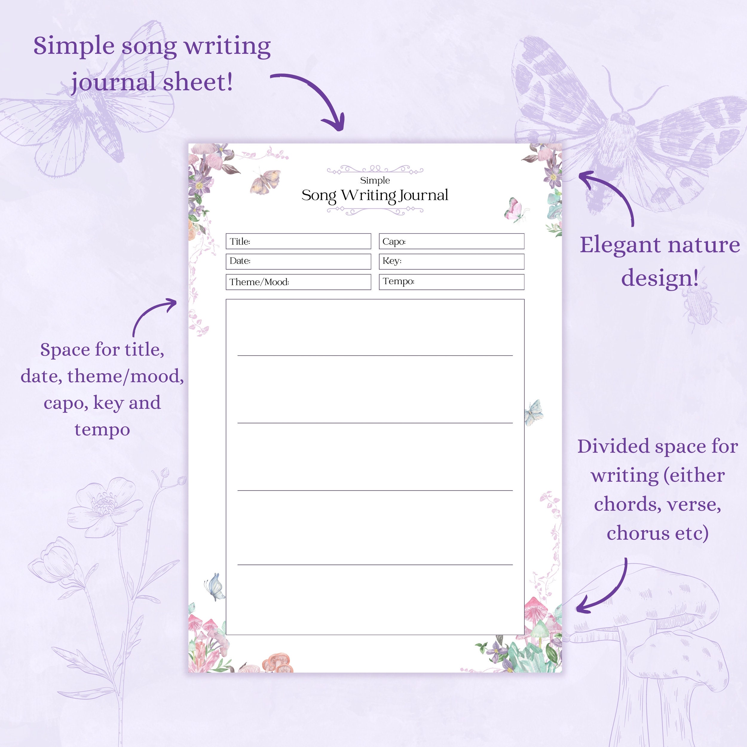 Simple Songwriting Journal Printable PDF | Songwriting Sheet ...