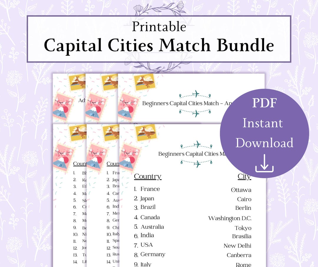 Capital Cities Match Games Bundle Printable PDF, World Capitals ...
