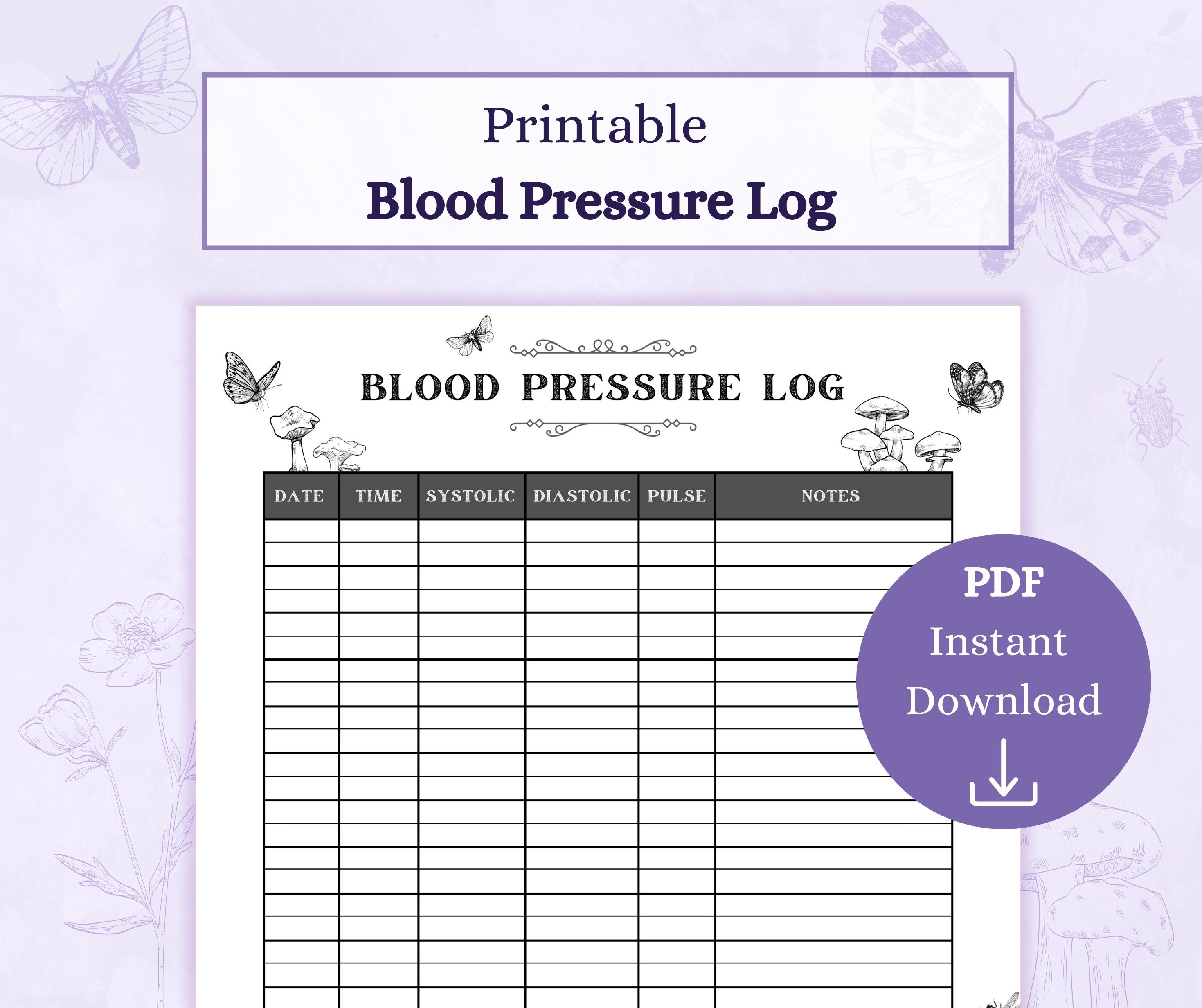 Blood Pressure Log Printable PDF | Medical Notes | Blood Pressure Chart ...