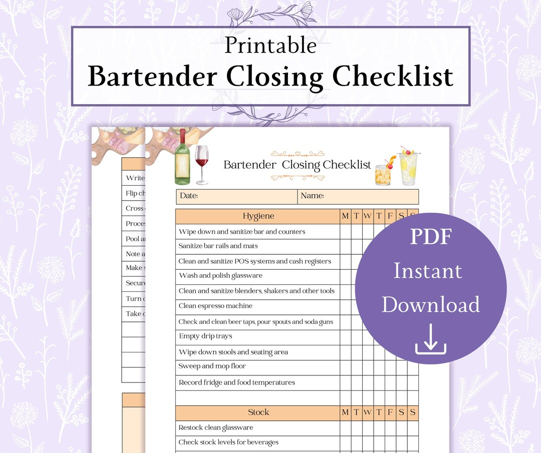 Bartender Closing Checklist Printable PDF | Bar Checklist | Bartender ...