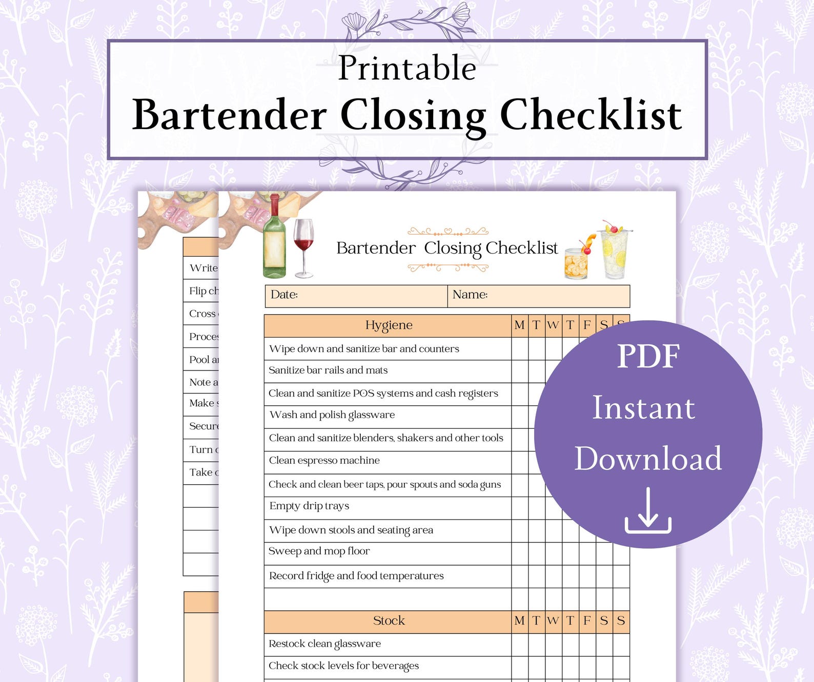 Bartender Closing Checklist Printable PDF | Bar Checklist | Bartender ...