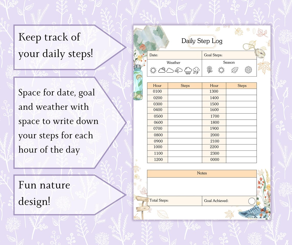Daily Step Log Printable PDF | Walking Diary Step Record | Step Log ...