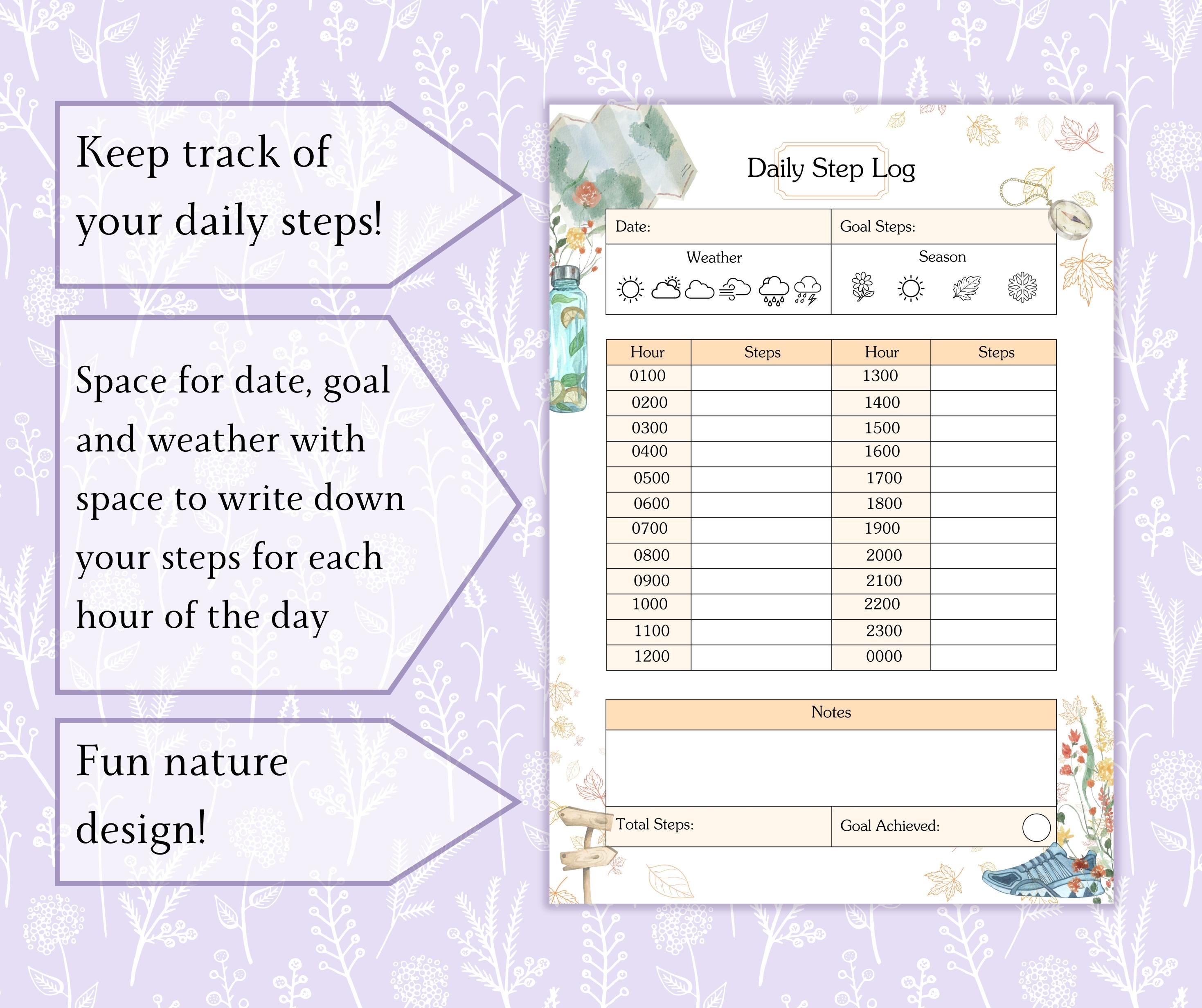 Daily Step Log Printable PDF | Walking Diary Step Record | Step Log ...