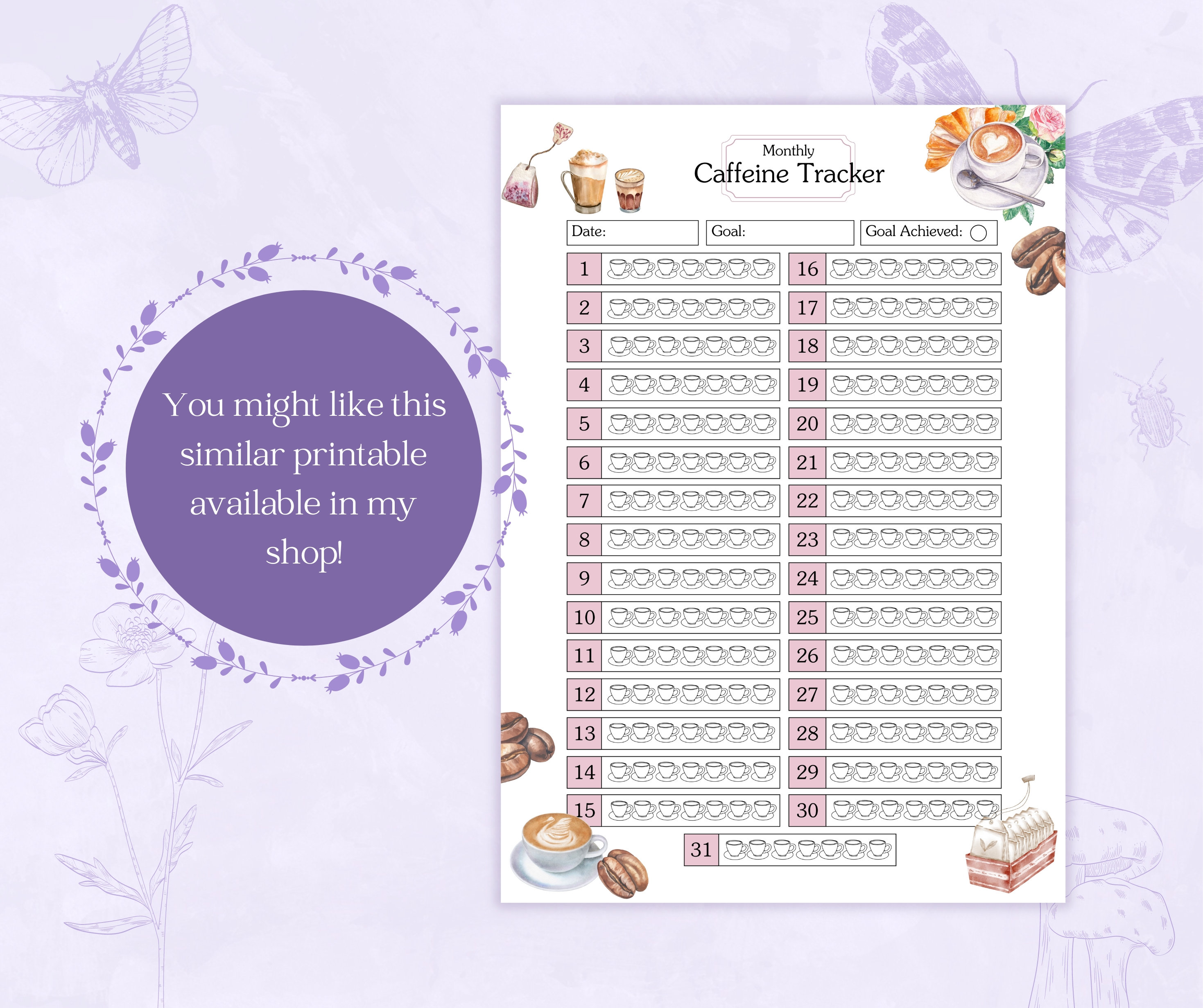 Caffeine Tracker Printable PDF | Wellness Journal | Caffeine Intake ...