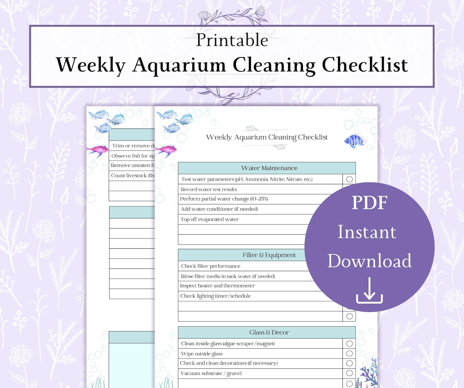 Aquarium Cleaning Checklist Printable PDF | Weekly Tank Maintenance ...