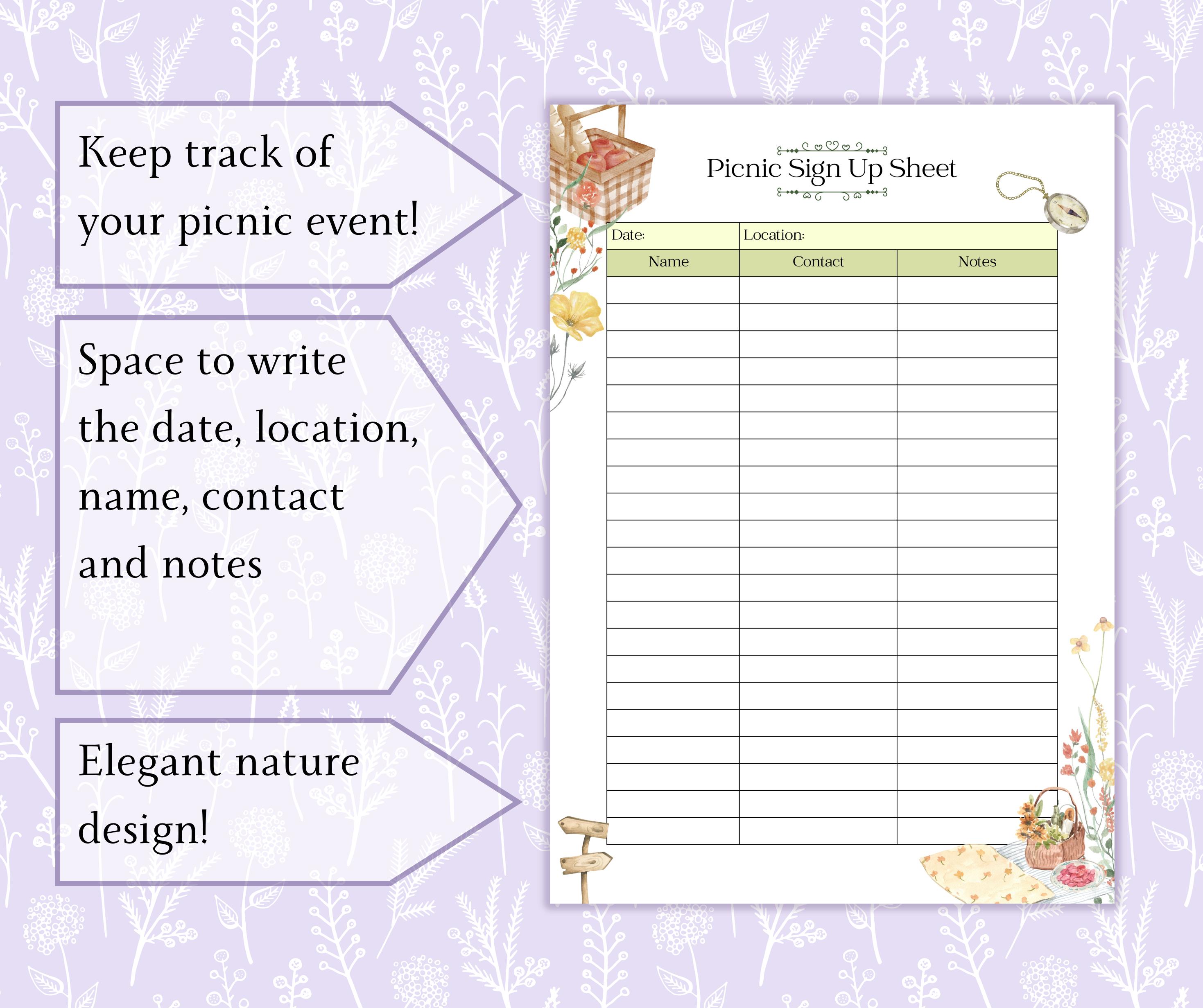 Picnic Sign up Sheet Printable PDF | Backyard Bash | Summer BBQ Sign up ...
