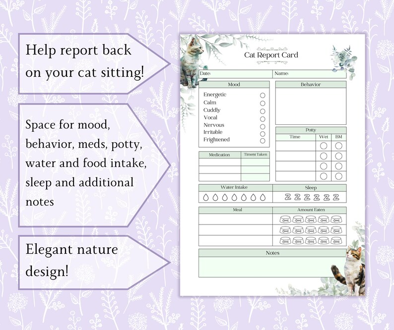 Cat Report Card Sheet Printable PDF | Cat Info Sheet | Cat Daily Log ...