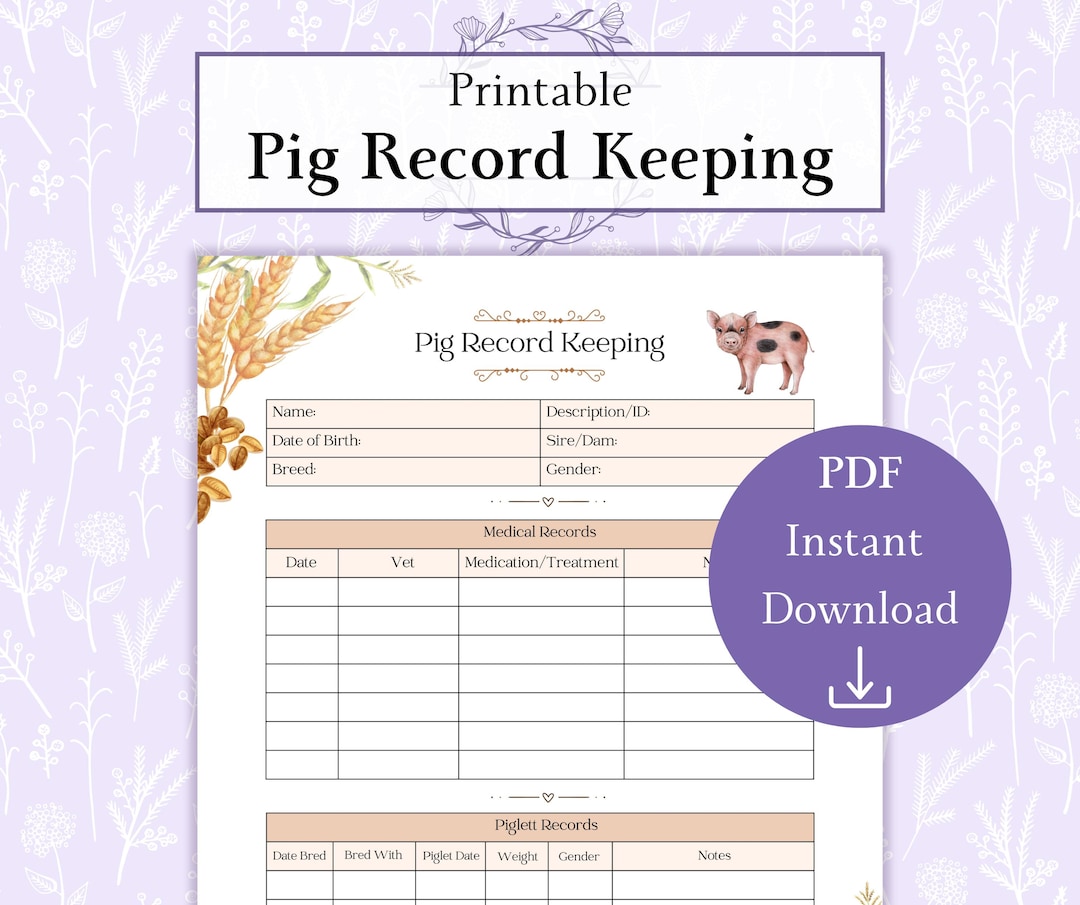 Pig Record Keeping Printable PDF | Pig Chart | Pig Management ...