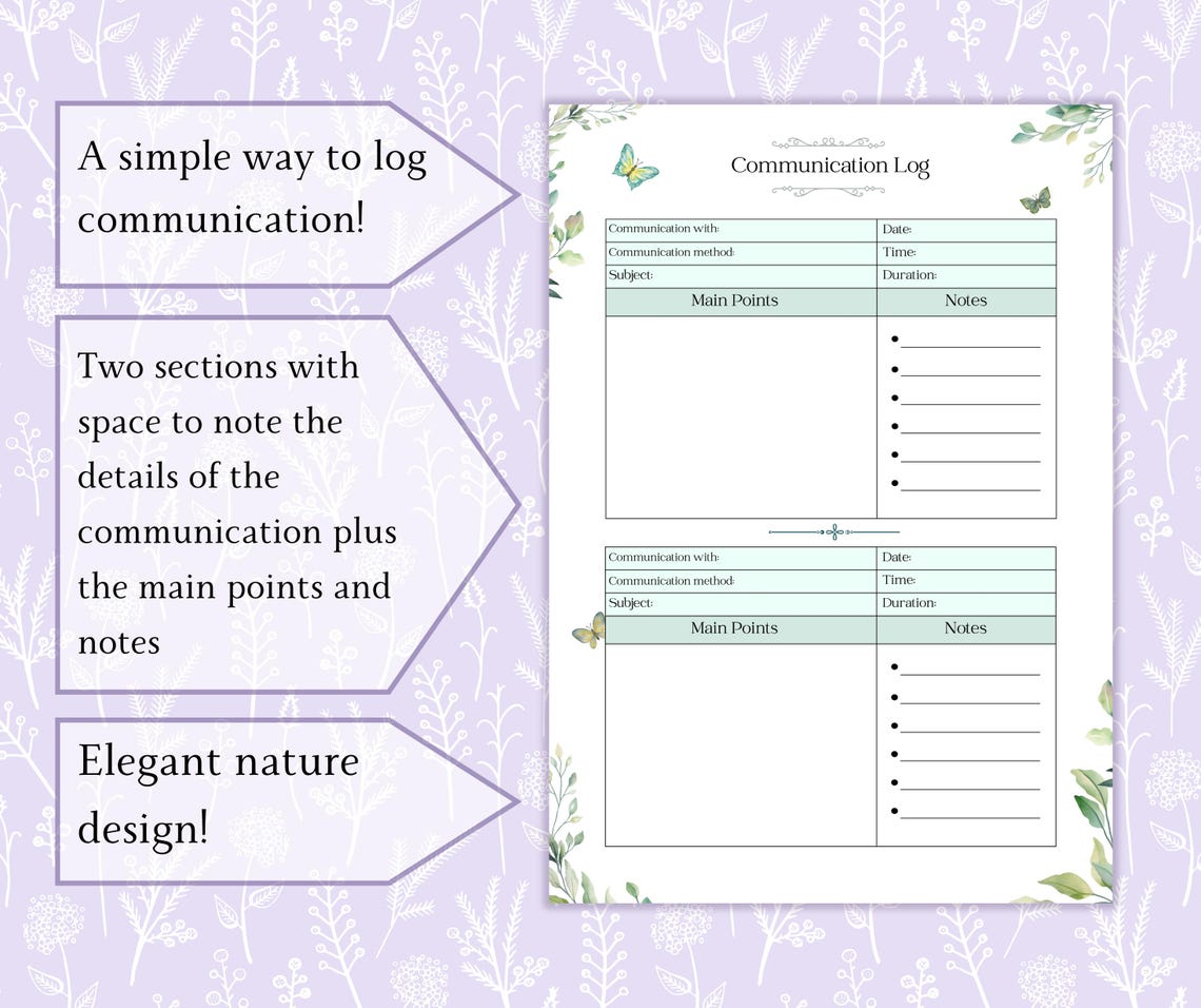 Communication Log Printable PDF | Message Log | Conversation Log | Call ...