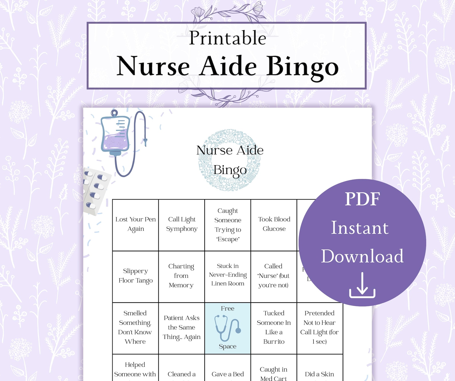 Nurse Aide Bingo Sheet Printable PDF | CNA Bingo | Nursing Home Bingo ...