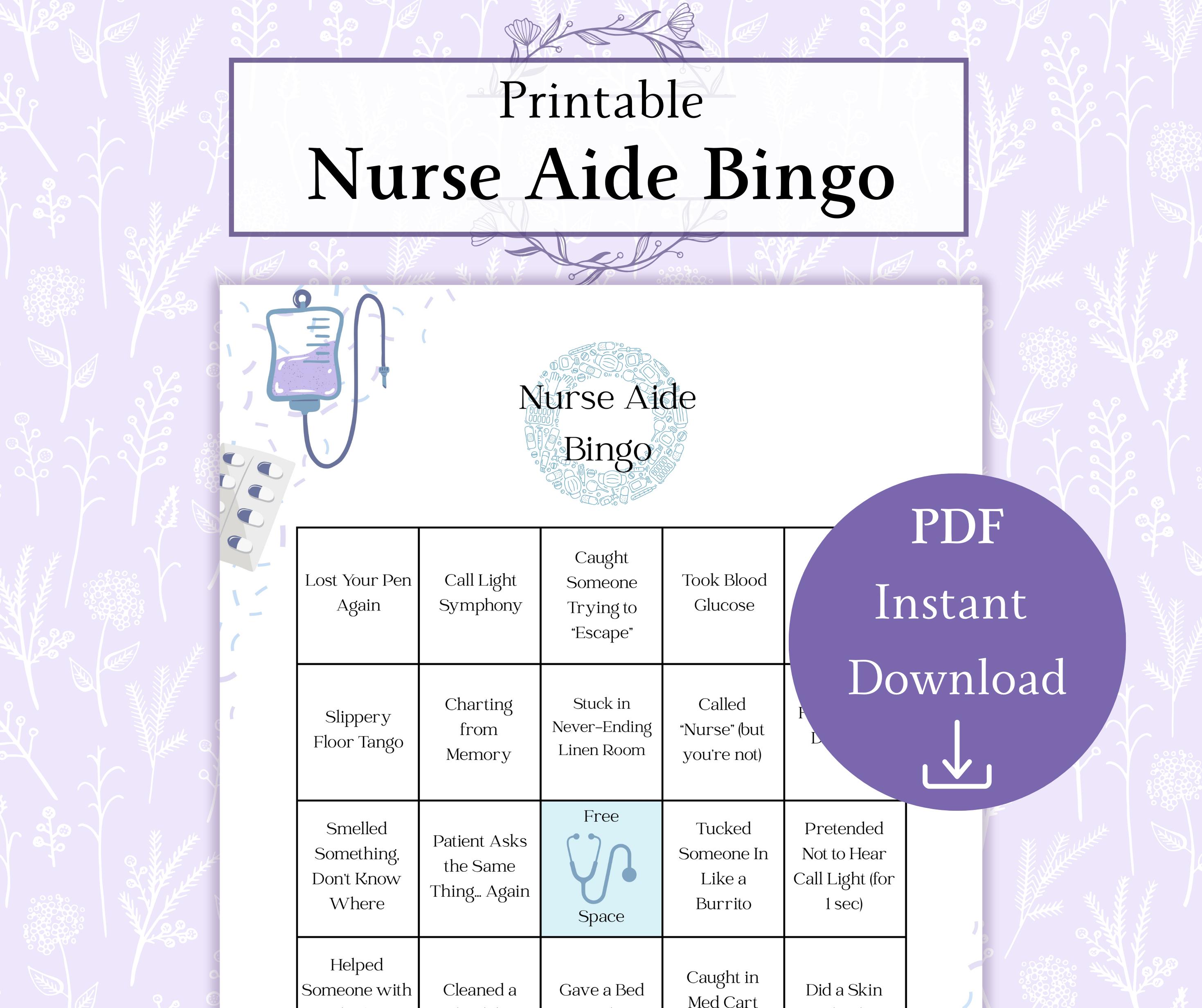 Nurse Aide Bingo Sheet Printable PDF | CNA Bingo | Nursing Home Bingo ...