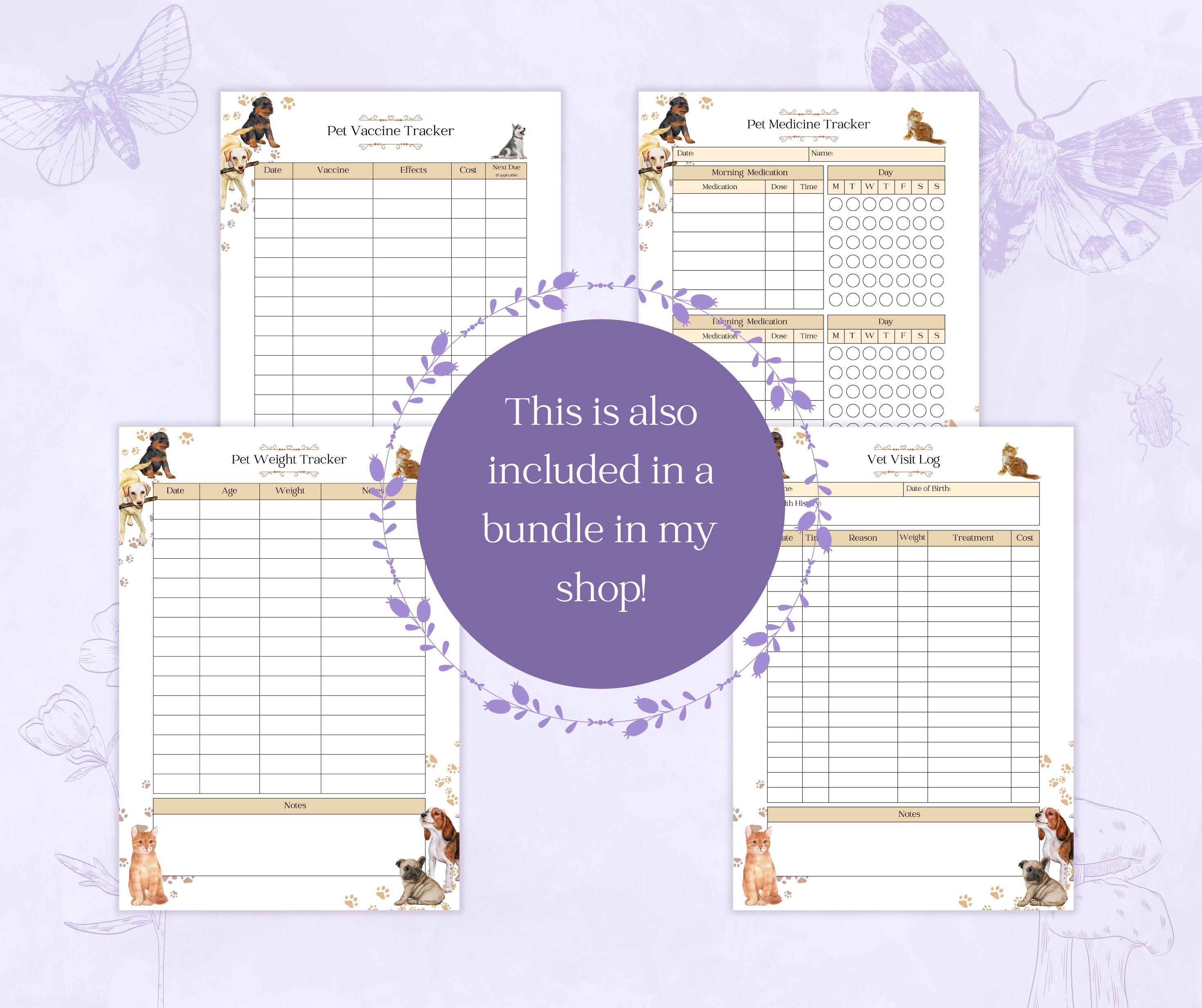 Vet Visit Log Printable PDF | Pet Care Log | Pet Health Tracker | Vet ...