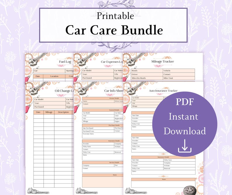 Car Care Planner Printable PDF | Vehicle Information | Car Info Sheet ...