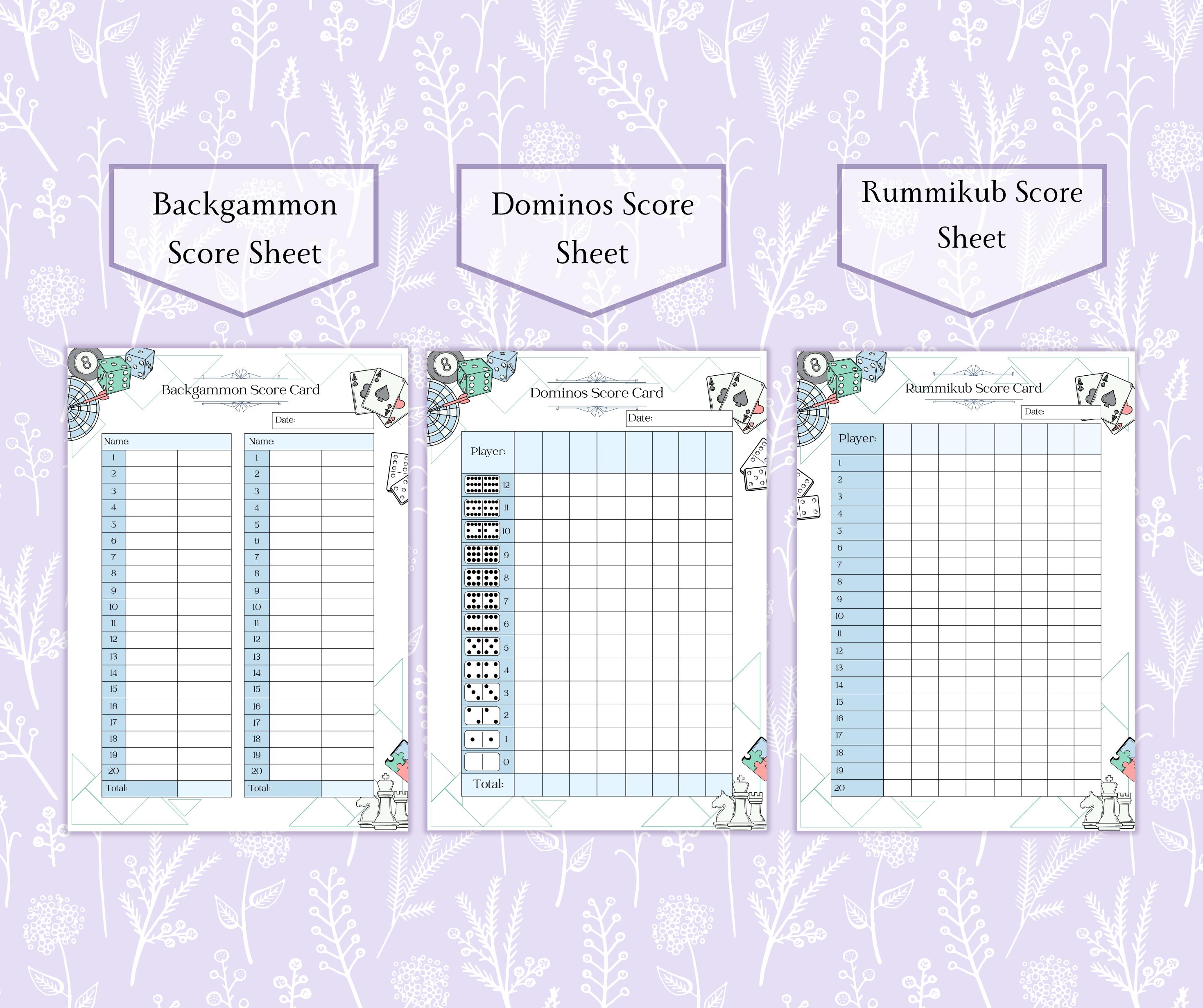 Games Scoreboard Sheets Printable PDF | Rummikub Score Card | Dominos ...