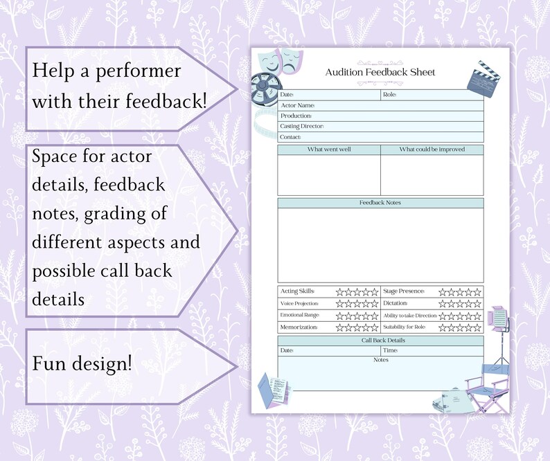 Audition Feedback Sheet Printable PDF | Feedback Tracker Log | Actor ...