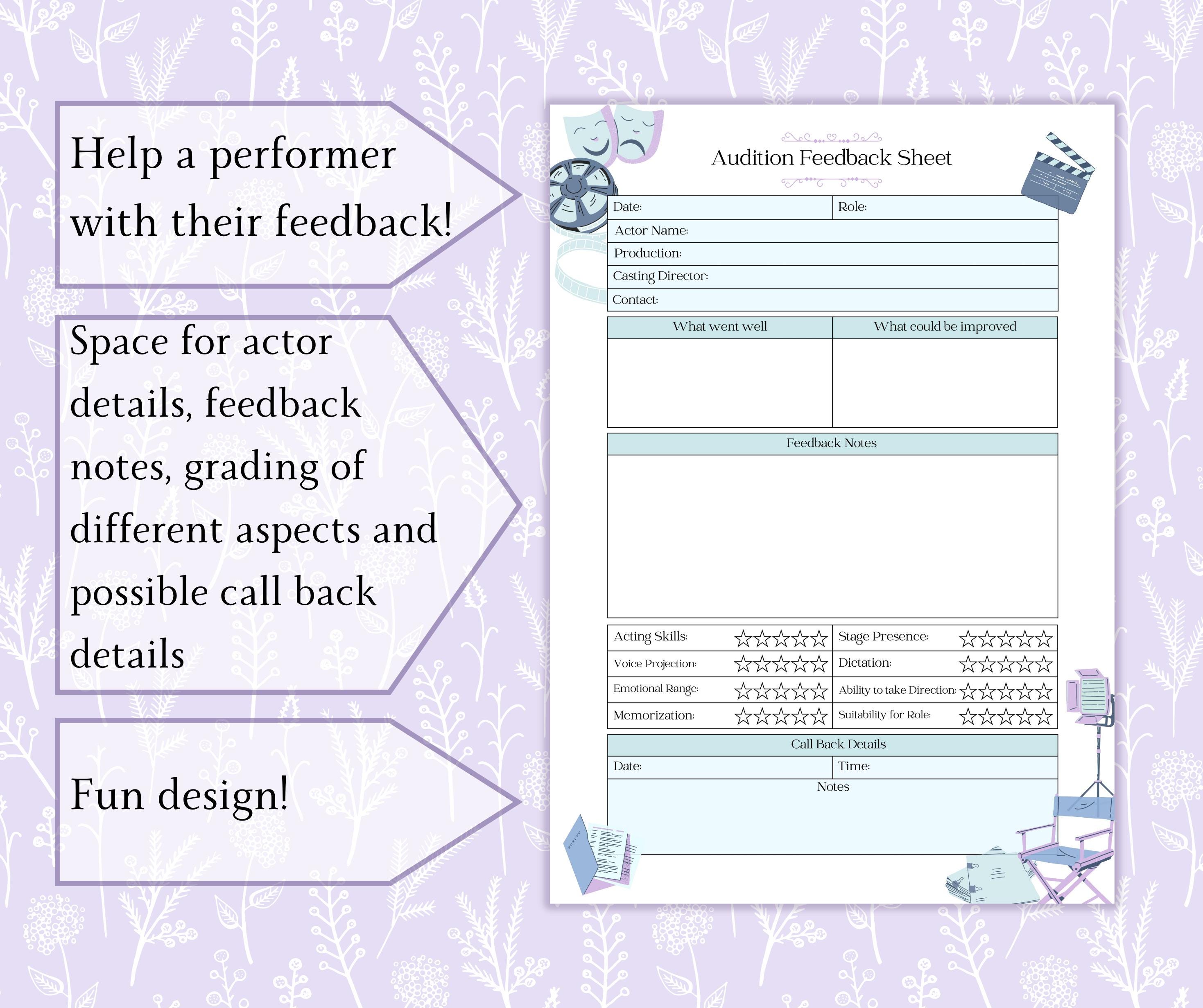 Audition Feedback Sheet Printable PDF | Feedback Tracker Log | Actor ...