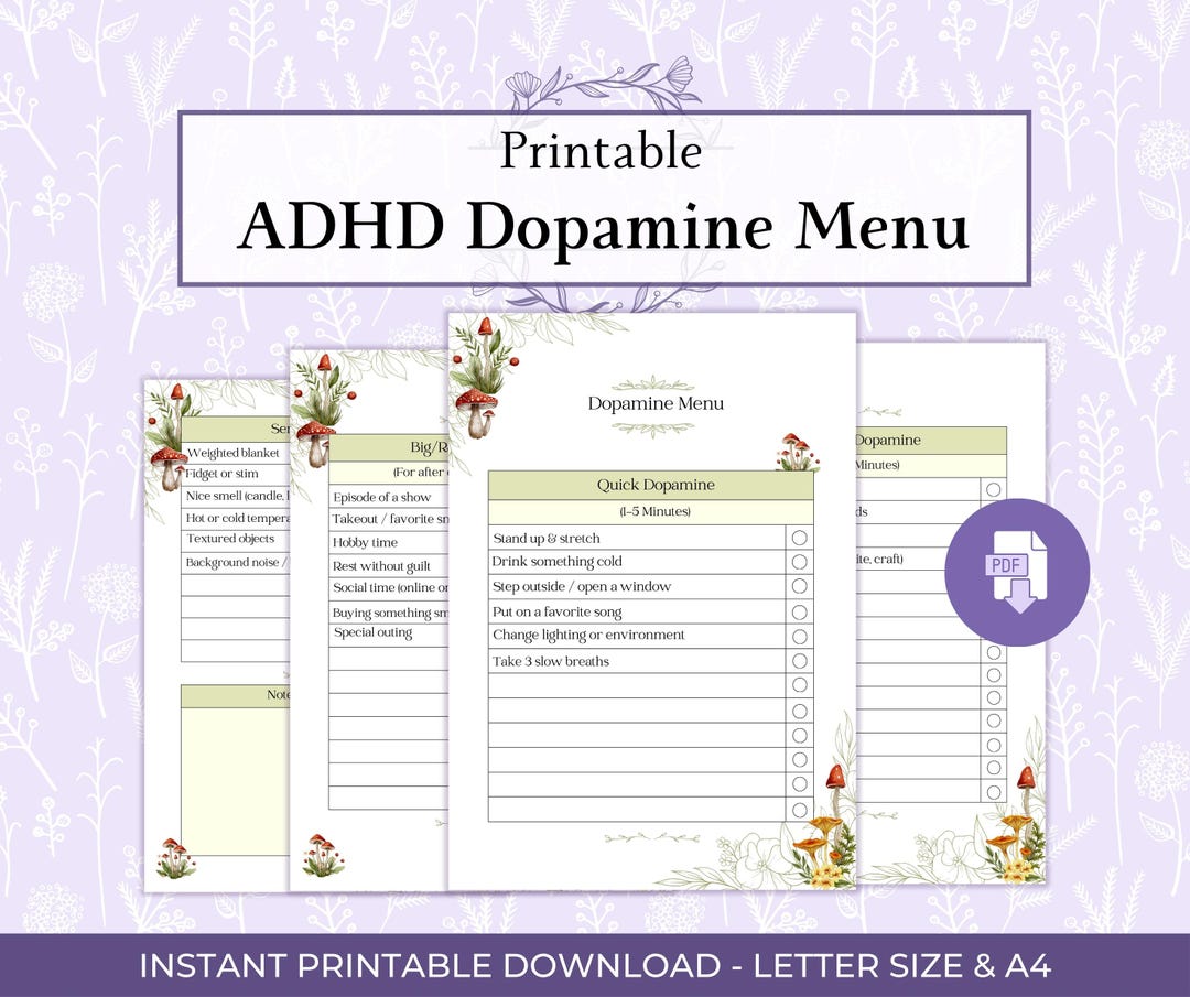 ADHD Dopamine Menu Printable PDF, Motivation and Executive Dysfunction ...