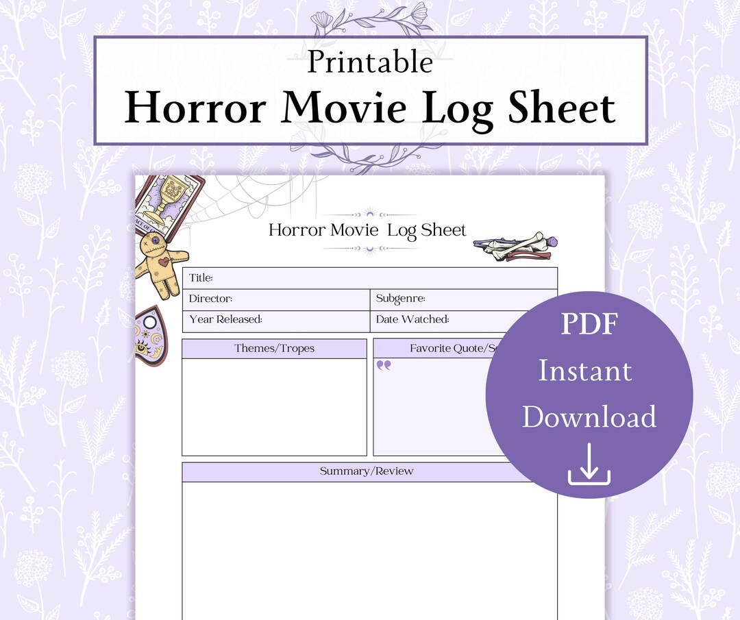 Horror Movie Logbook Sheet Printable PDF | Horror Movie Journal | Movie ...