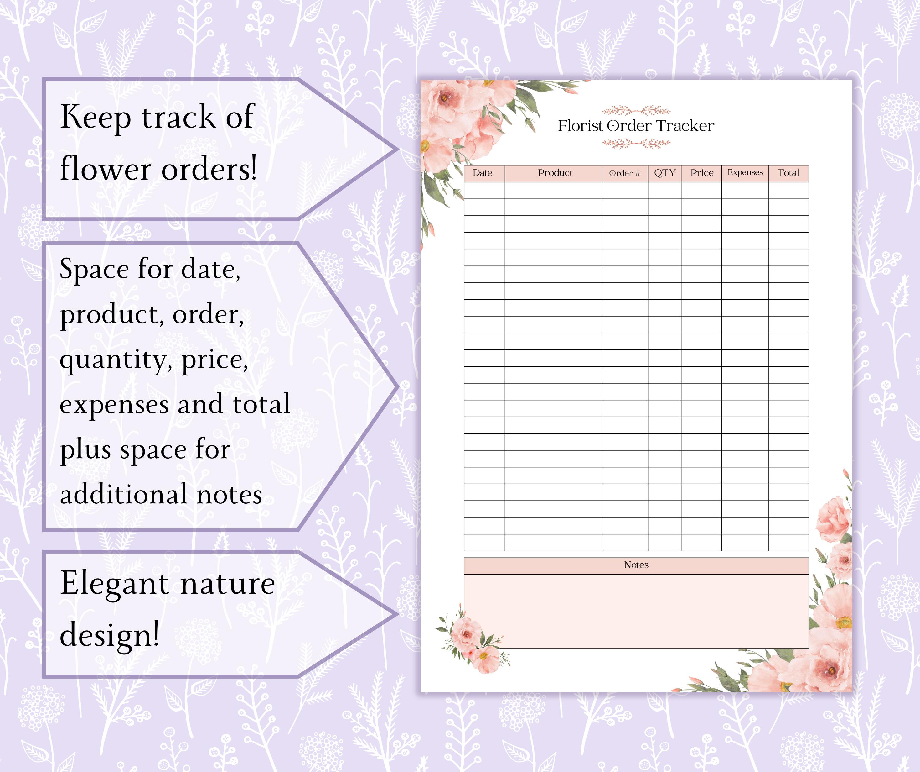 Florist Sales Tracker Printable PDF | Florist Order Tracker | Flower ...