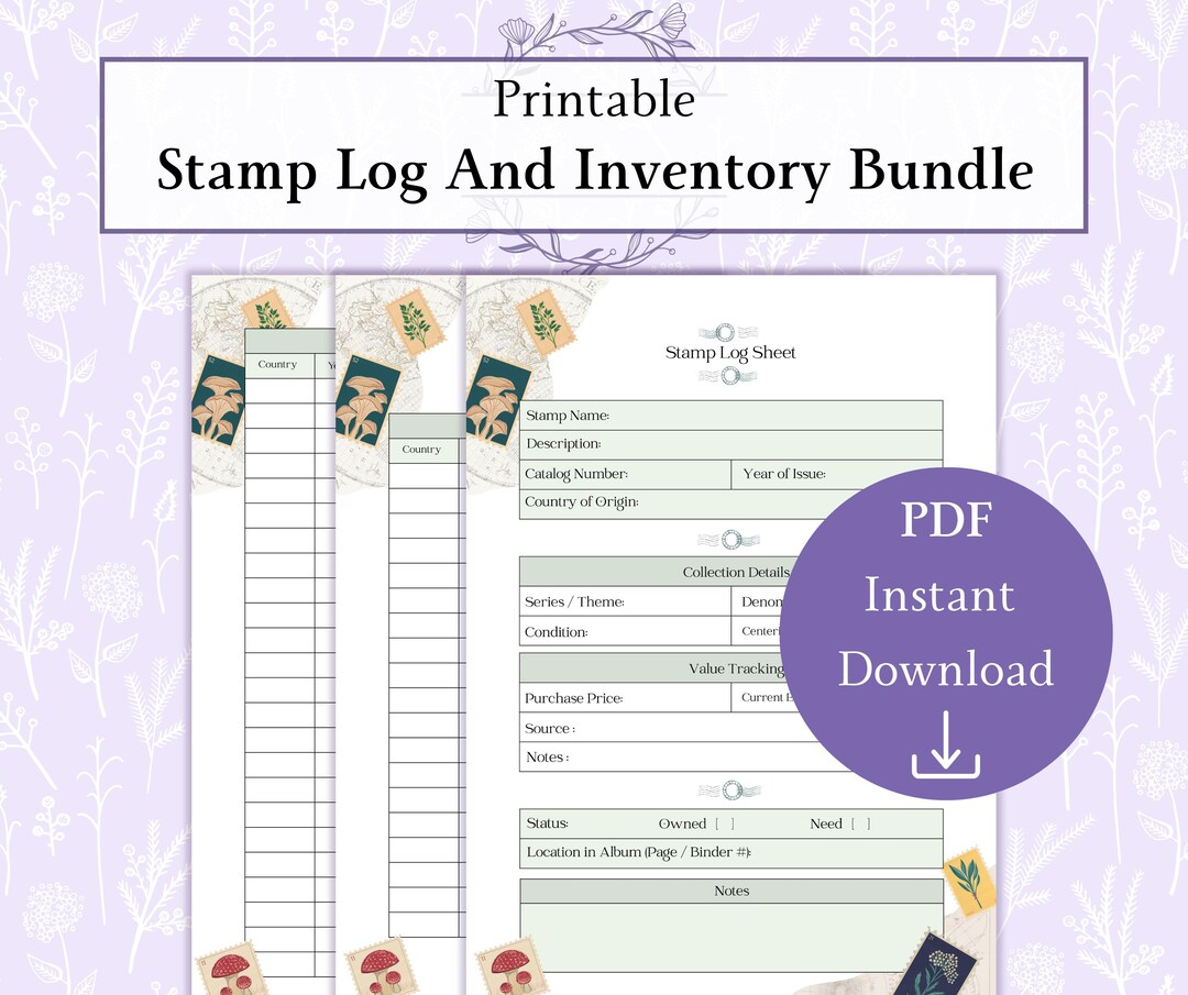 Stamp Log and Inventory Bundle Printable PDF, Stamp Collecting Sheet ...