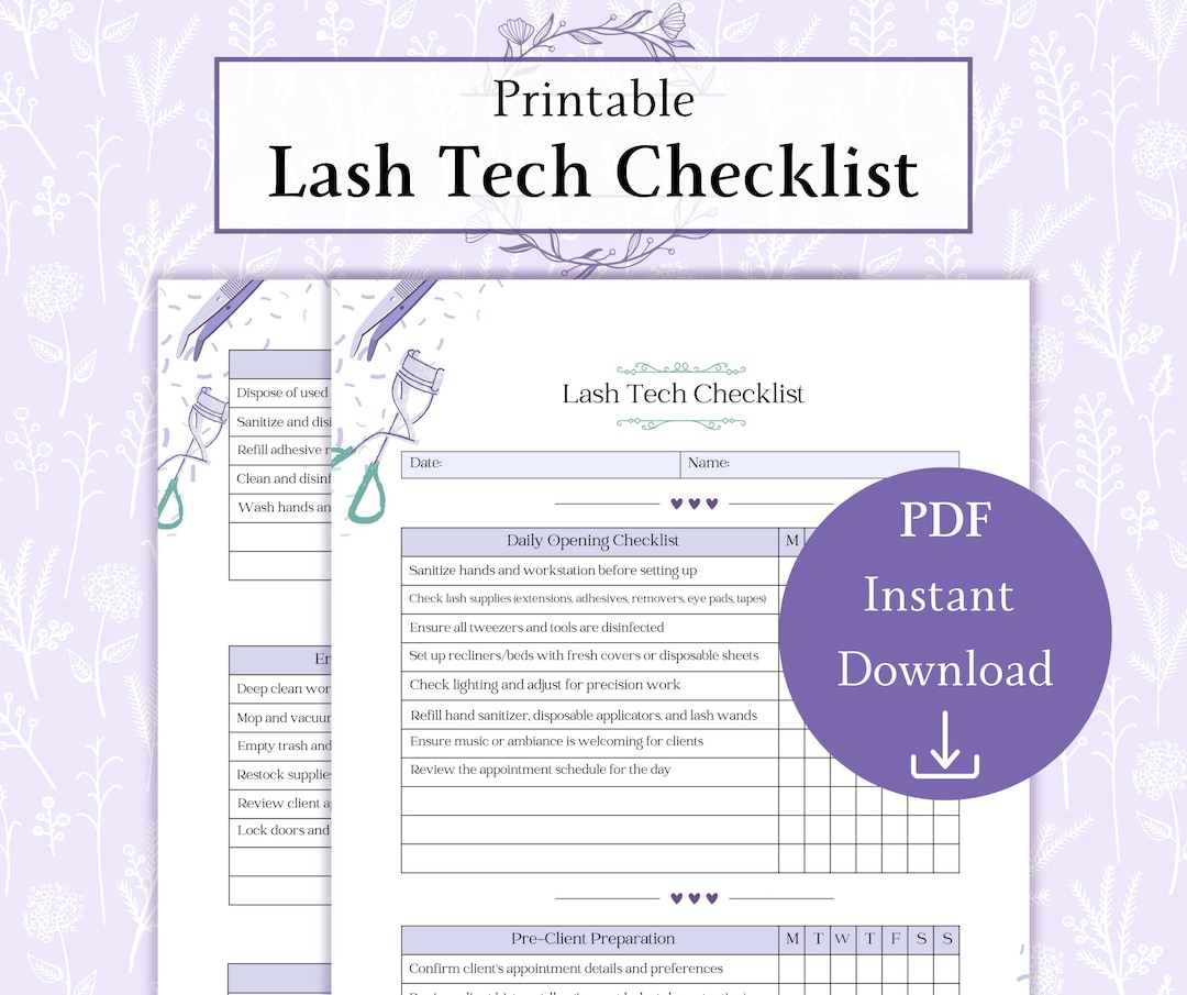 Lash Tech Checklist Printable PDF | Salon Checklist | Lash Technician Salon List | Salon ...
