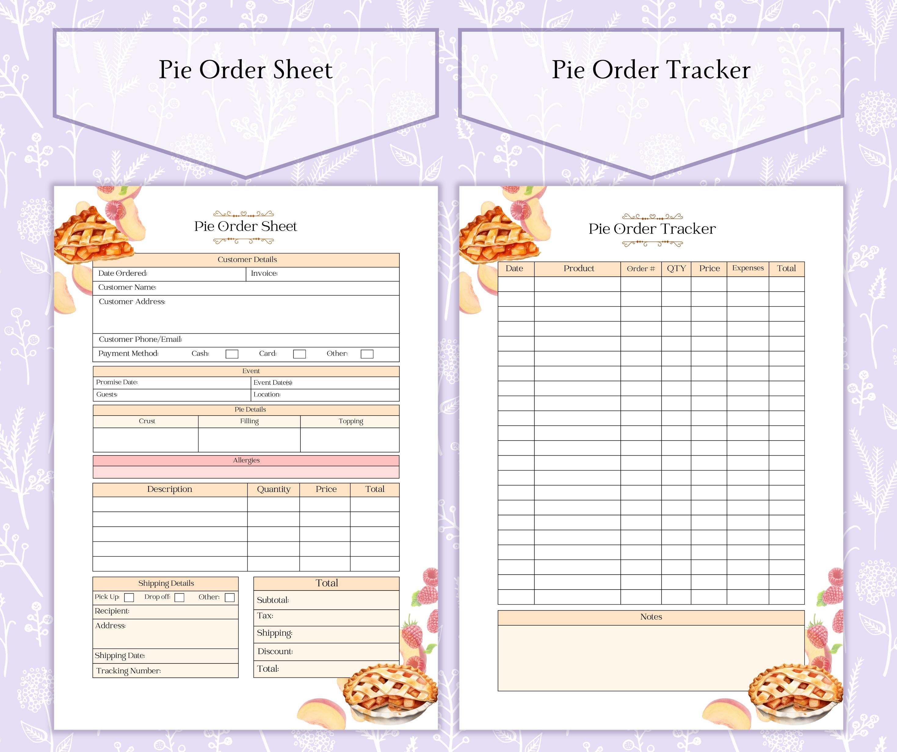 Pie Order Form Printable PDF | Pie Order Tracker | Bakery Order Form ...