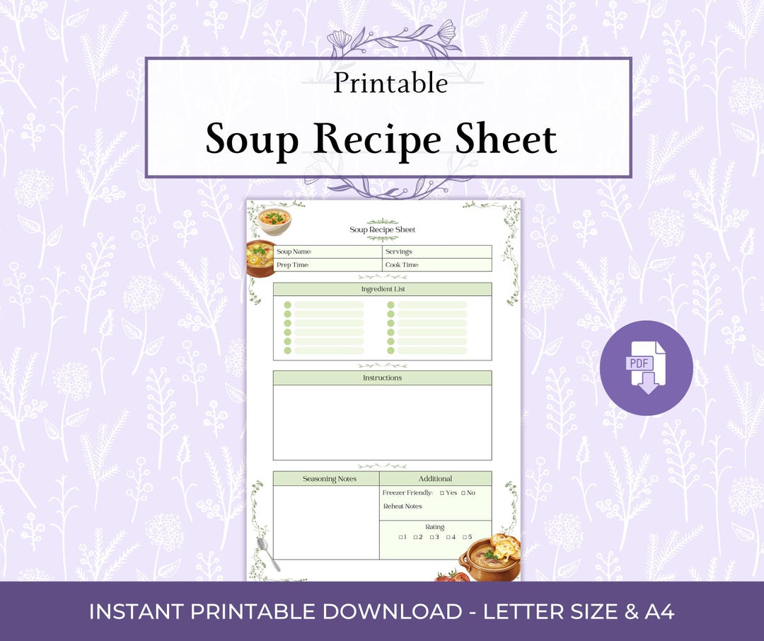 Soup Recipe Cards Printable PDF, Cozy Soup Recipe Template, Freezer ...
