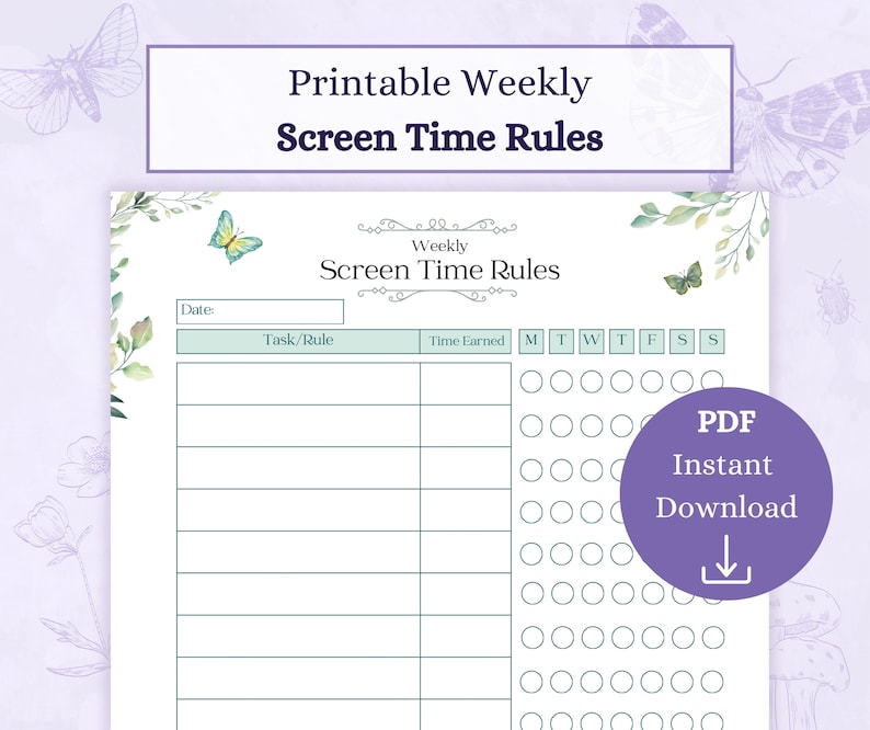 Screen Time Rules Printable PDF | Earn Screen Time | Weekly Screen Time Tracker | Screentime ...