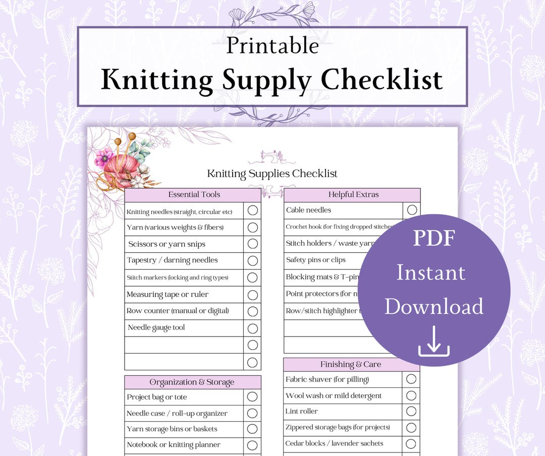 Knitting Supplies Checklist Printable PDF, Knitting Supply List ...