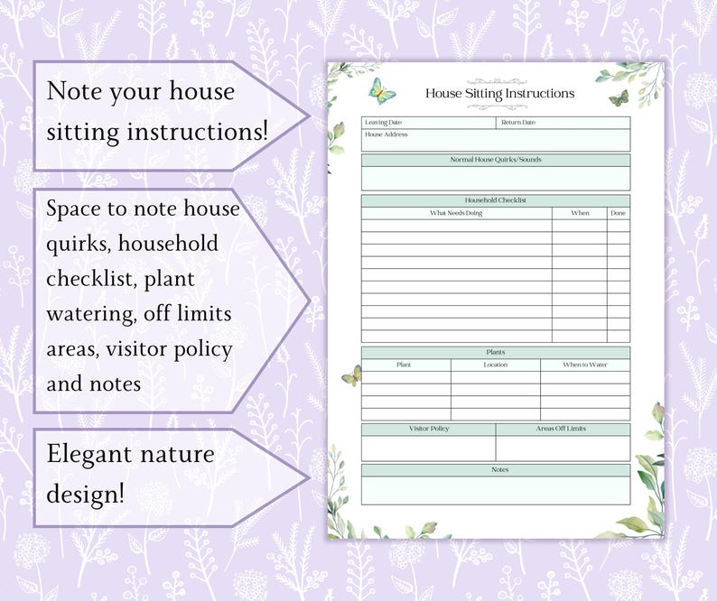 House Sitting Instructions Printable PDF | House Sitter Plan | House ...
