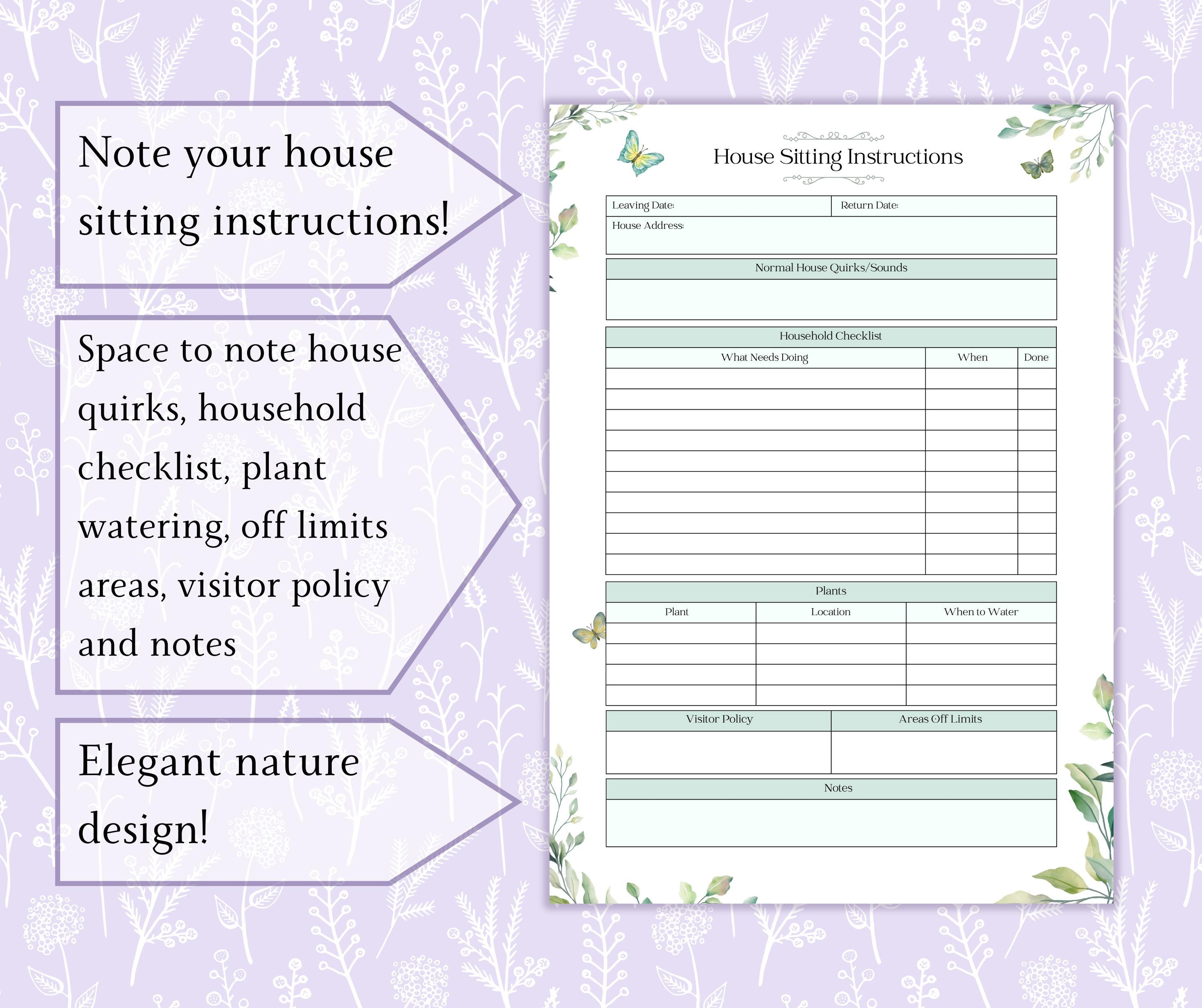 House Sitting Instructions Printable PDF | House Sitter Plan | House ...