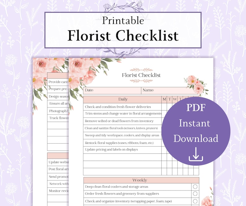 Florist Checklist Printable PDF | Flower Shop Log | Floristry Tracker ...