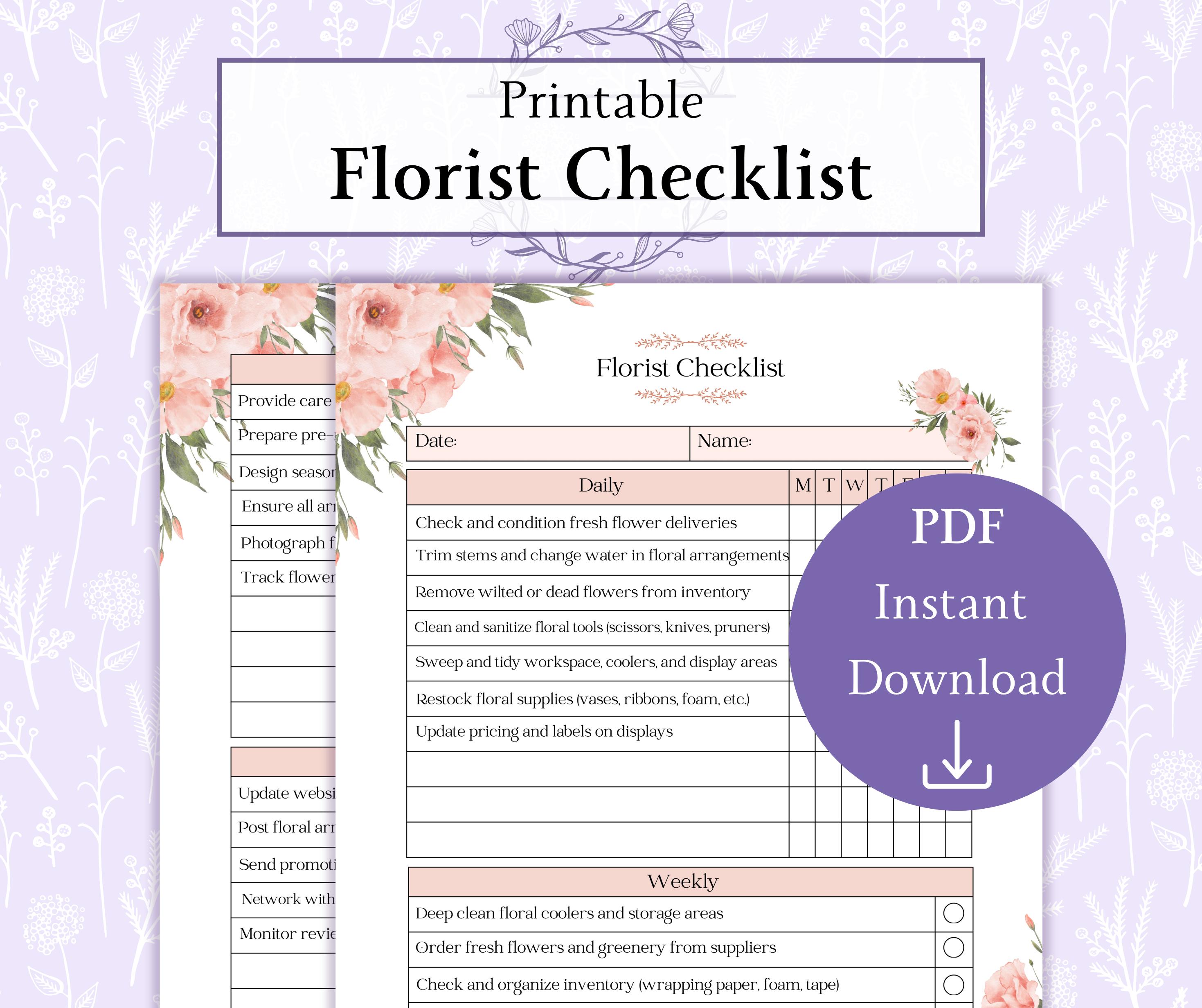 Florist Checklist Printable PDF | Flower Shop Log | Floristry Tracker ...