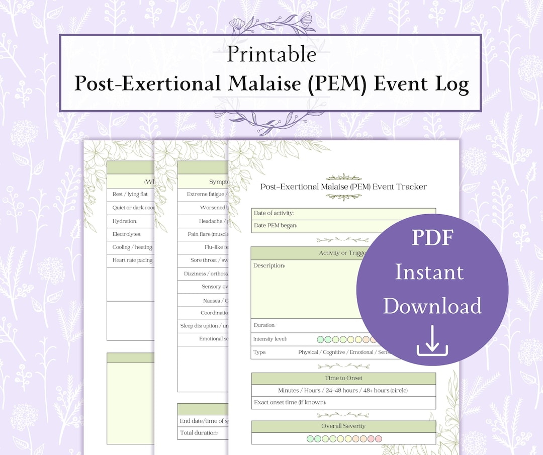 PEM Event Tracker Printable PDF, Post Exertional Malaise Log, Cfd Me ...