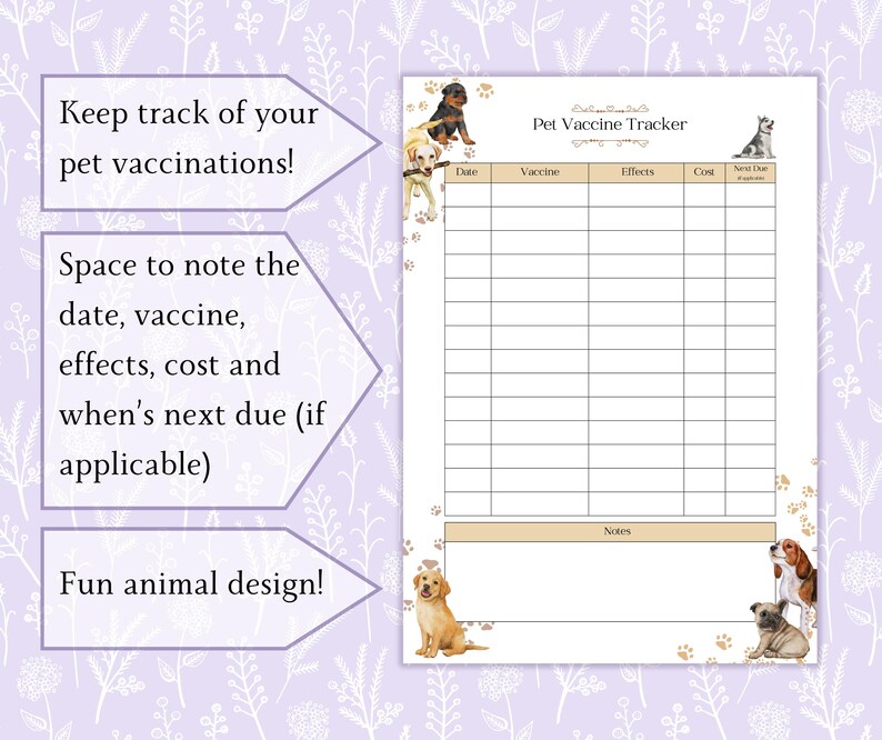 Pet Vaccine Tracker Printable PDF | Immunization Chart | Pet Health Log ...