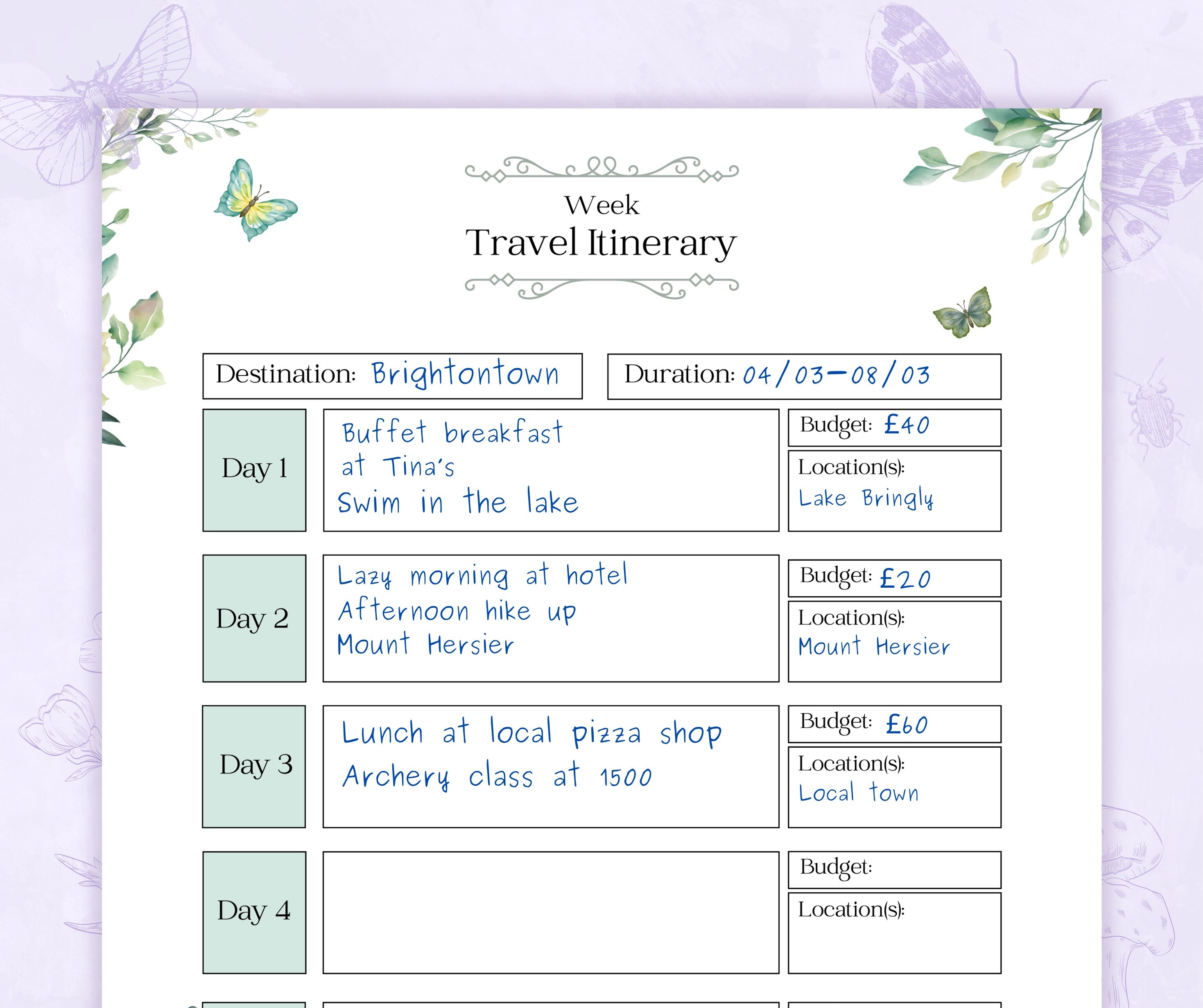 Travel Itinerary Printable PDF | Weekly Planner | Week Vacation Planner ...