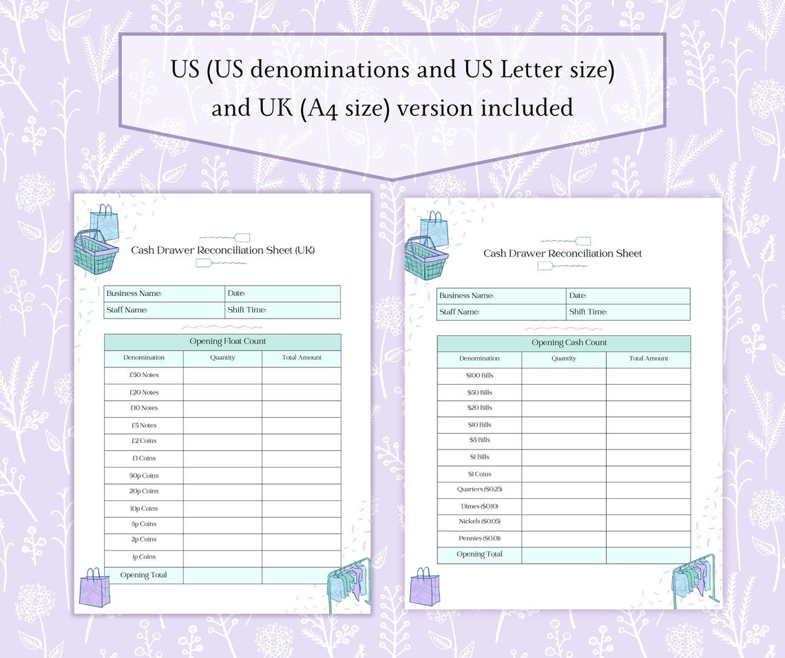 Cash Drawer Reconciliation Sheet Printable PDF | Cash Drawer Sheet ...