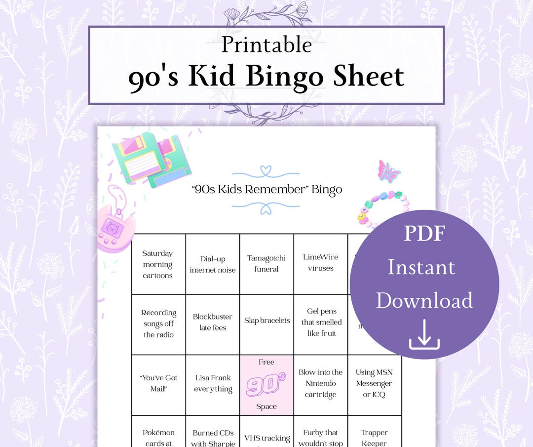 90s Kids Bingo Sheet Printable PDF, 90s Party Game, Retro Bingo Card ...
