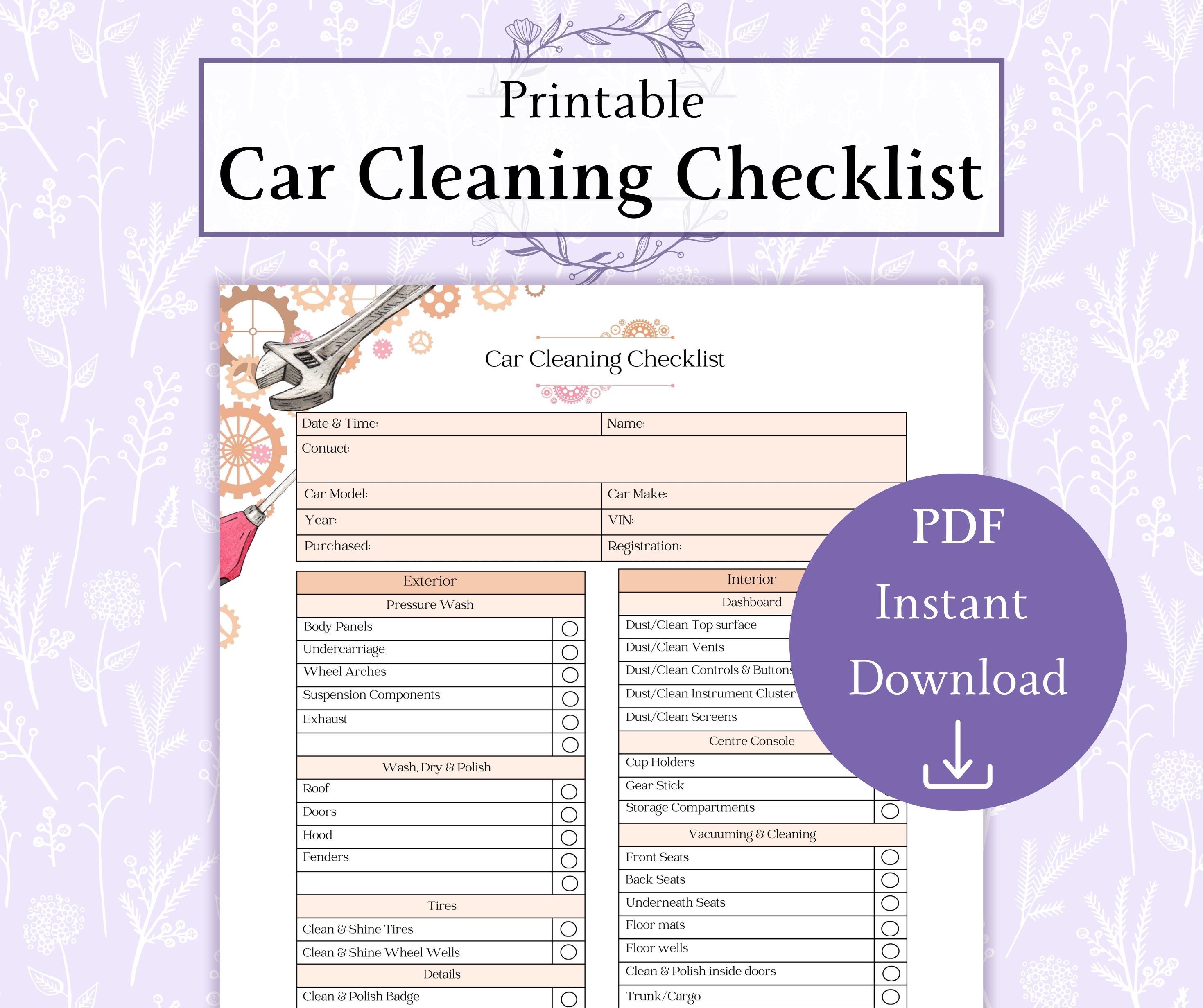 Car Wash Checklist Printable PDF | Car Cleaning List | Vehicle Care Log ...